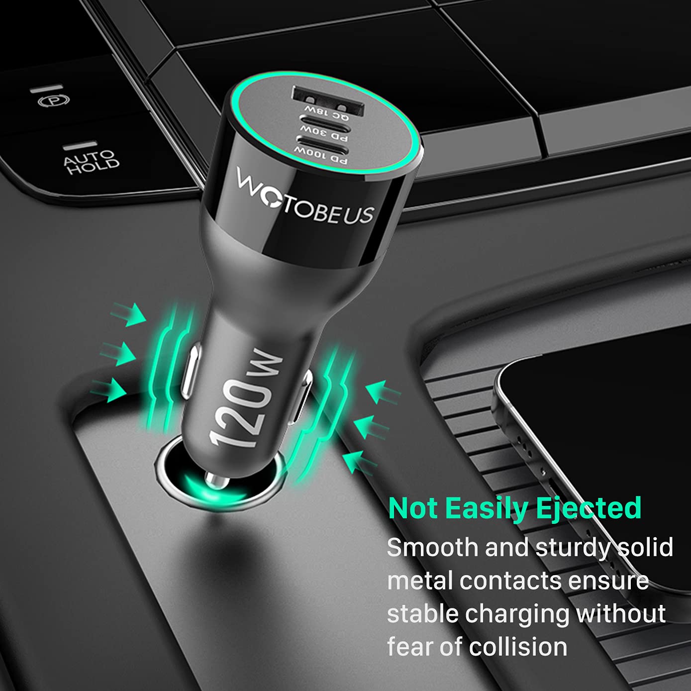 WOTOBEUS 120W USB C Car Charger Adapter with Dynamic LED Display - PD3.0 100W & PPS 45W QC5 Super Fast Charging, Fit for iPhone 16 15 14, iPad, MacBook, Samsung Galaxy S24 S23, Pixel, Type-C Laptops