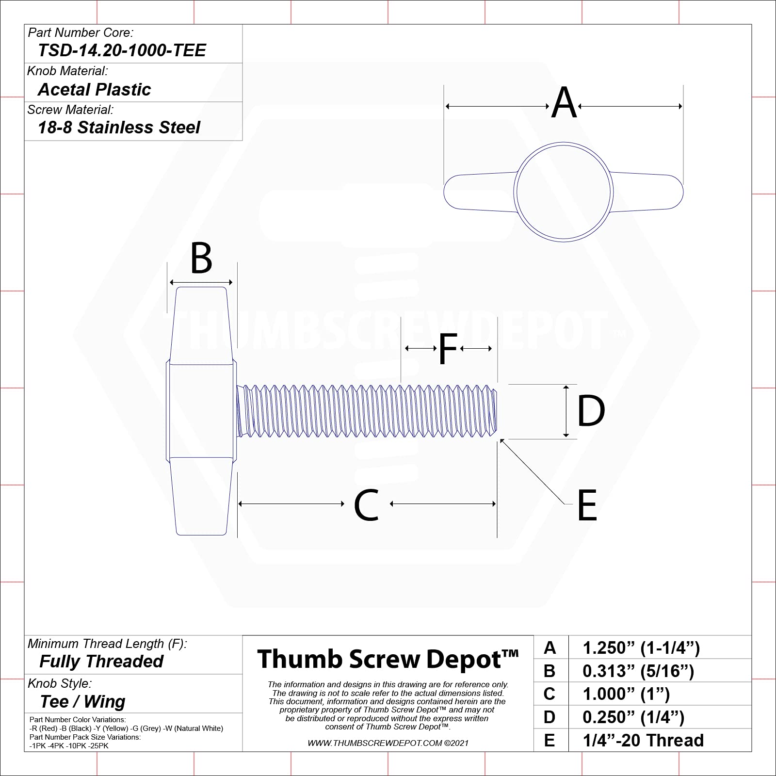 1/4"-20 x 1 Thumb Screw Stainless Steel - Red Tee Wing Plastic Knob - Standard/Coarse Thread Thumbscrew - Length: 1.000" - Proudly Built in USA - Package of (4)