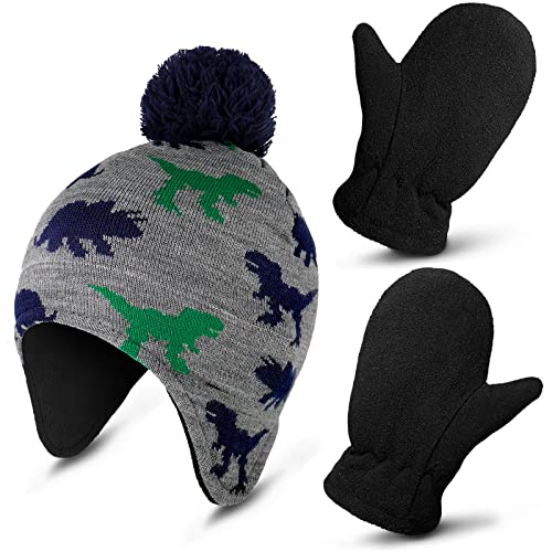 Syhood Toddlers Snow Gloves and Hats Knit Beanie Ski Earflap Hat and Gloves Baby Dinosaur Cap for Boy Girl (Black, 3-8 Years Old)