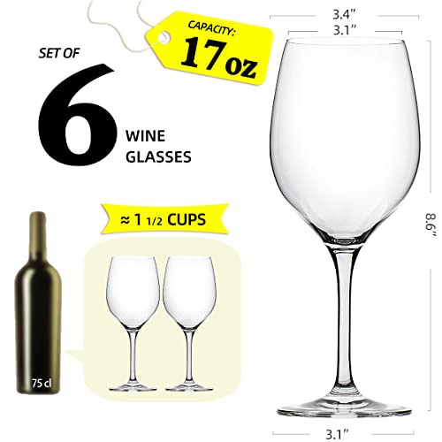 FAWLES Crystal Red Wine Glasses Set of 6, 17 Ounce Thin Rim Classic Rounded Bowl Stemmed All-purpose Wine Glass Set, Housewarming/Anniversary/Wine Gift Set