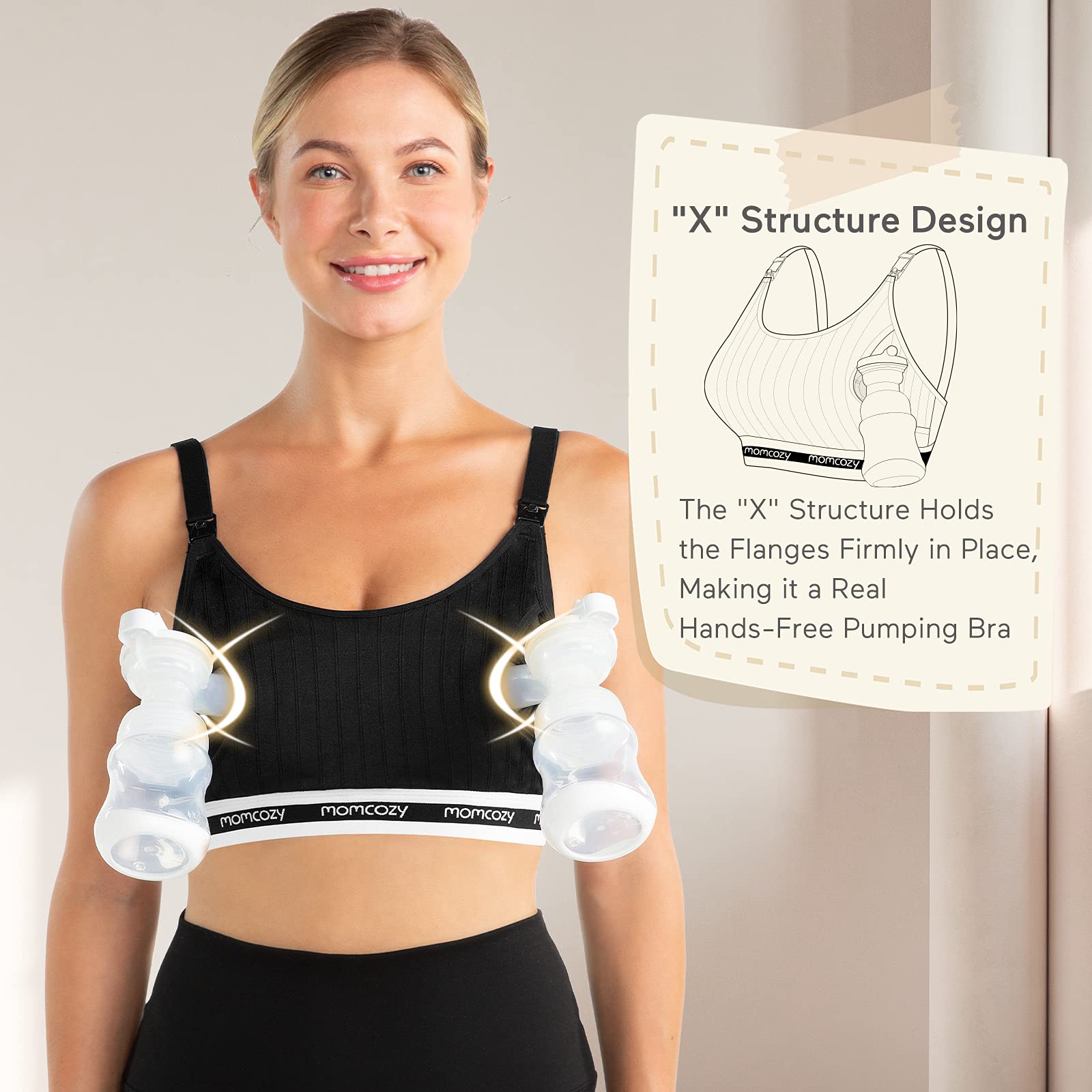 Momcozy Seamless Pumping Bra Hands Free, Comfort and Great Support Nursing and Pumping Bra, Small Black