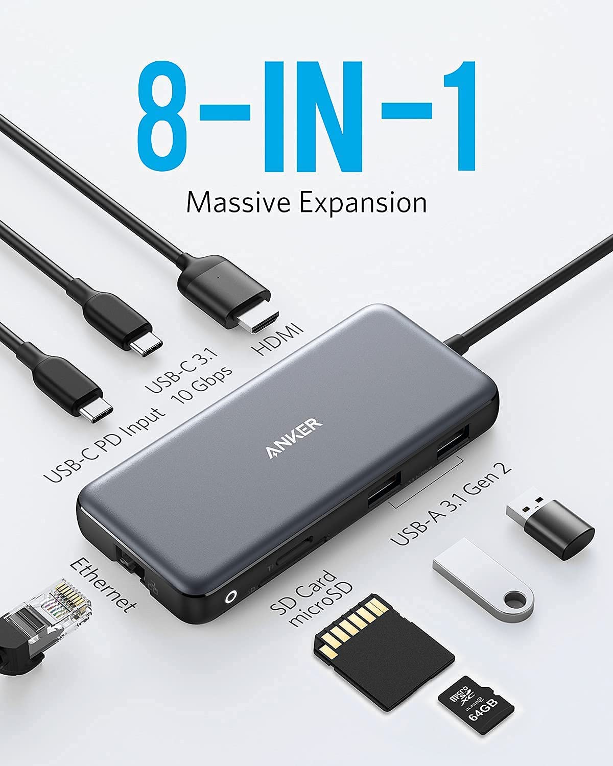 Anker Thunderbolt 3.0 Cable 1.6 ft Supports 100W Charging / 40Gbps Data Transfer & Anker USB C Hub, PowerExpand 8-in-1 USB C Adapter, with 100W Power Delivery, 4K 60Hz HDMI Port, 10Gbps USB C and 2 US