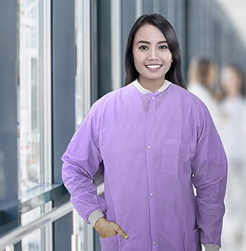 AMZ Medical Supply Disposable Lab Coat Small, Pack of 10 Purple Disposable Lab Coats for Adults, 45 gsm SMS Painting Lab Coat Disposable with 3 Pockets, Snaps, Cuffs, Unisex Lab Coats Disposable