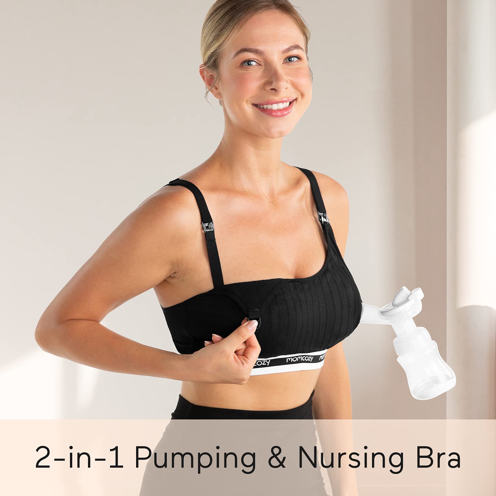 Momcozy Seamless Pumping Bra Hands Free, Comfort and Great Support Nursing and Pumping Bra, Small Black