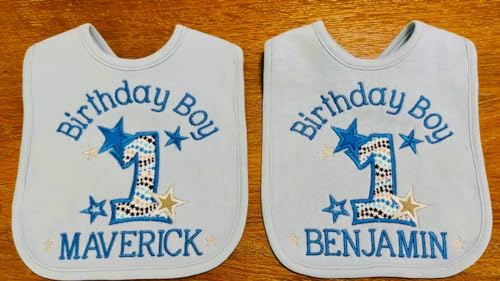 Fantasy Kids Designs First Birthday Boy Bib Smash Cake Bib Personalized with Custom Name (Light Blue Bib)