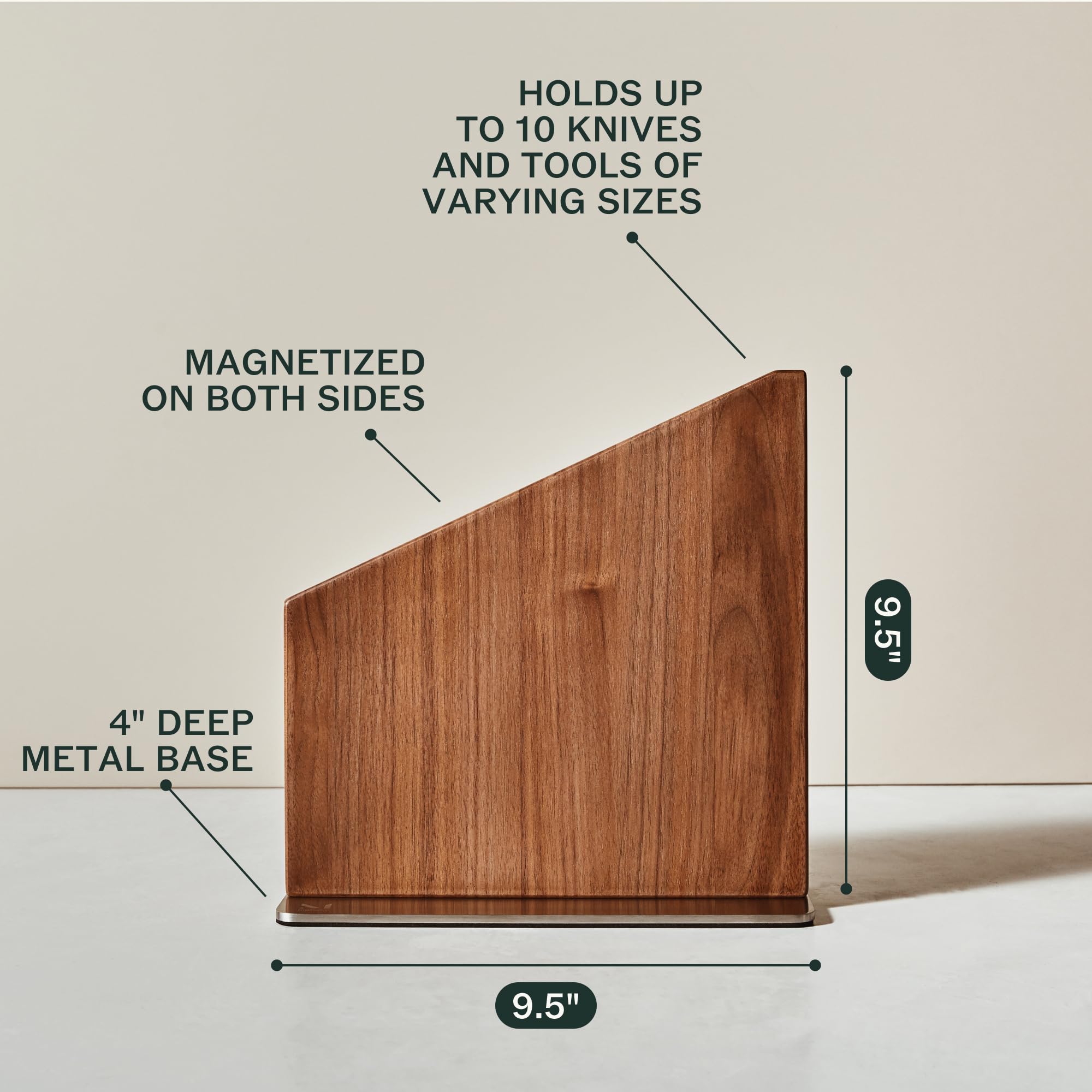Material Knife Stand, Magnetic Wood Modern Knife Block for Safe Storage and Display of Knife Sets, Large Capacity for 10 knives, Walnut