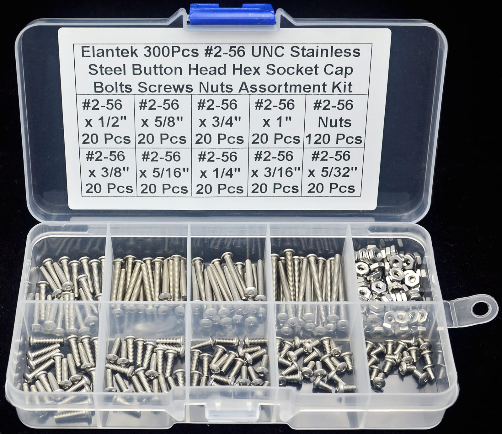 Elantek #2-56 UNC 304-Stainless Steel Button Head Hex Socket Cap Bolts Screws Nuts Assortment Kit