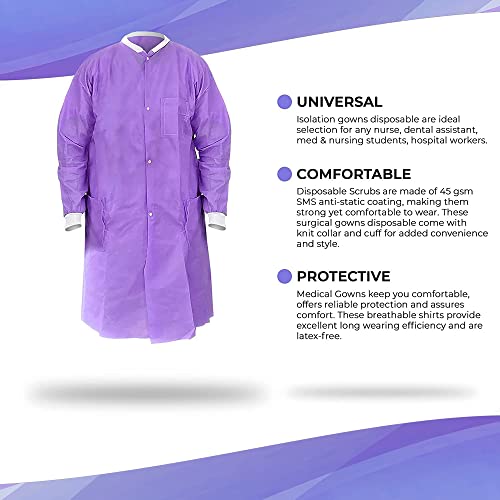 AMZ Medical Supply Disposable Lab Coat Small, Pack of 10 Purple Disposable Lab Coats for Adults, 45 gsm SMS Painting Lab Coat Disposable with 3 Pockets, Snaps, Cuffs, Unisex Lab Coats Disposable
