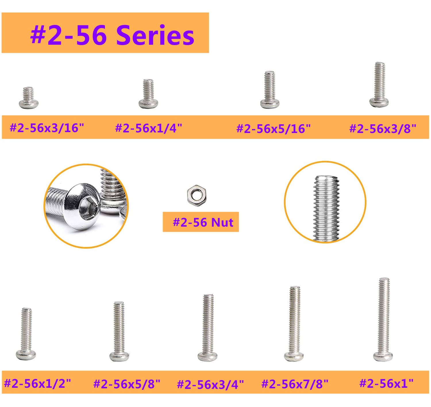Elantek #2-56 UNC 304-Stainless Steel Button Head Hex Socket Cap Bolts Screws Nuts Assortment Kit