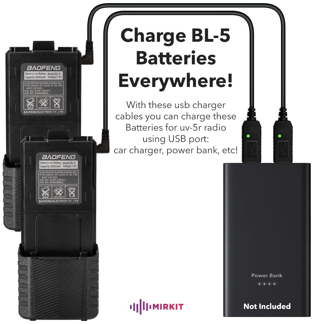 MIRKIT 2pc UV5R Battery BL-5 3800mAh & 2pc 2.5 mm USB Charger Cables with Lanyards Mirkit for Two Way Radio Compatible with Baofeng UV-5R BF-F8HP UV-5RX3 UV-5RTP UV-5X3