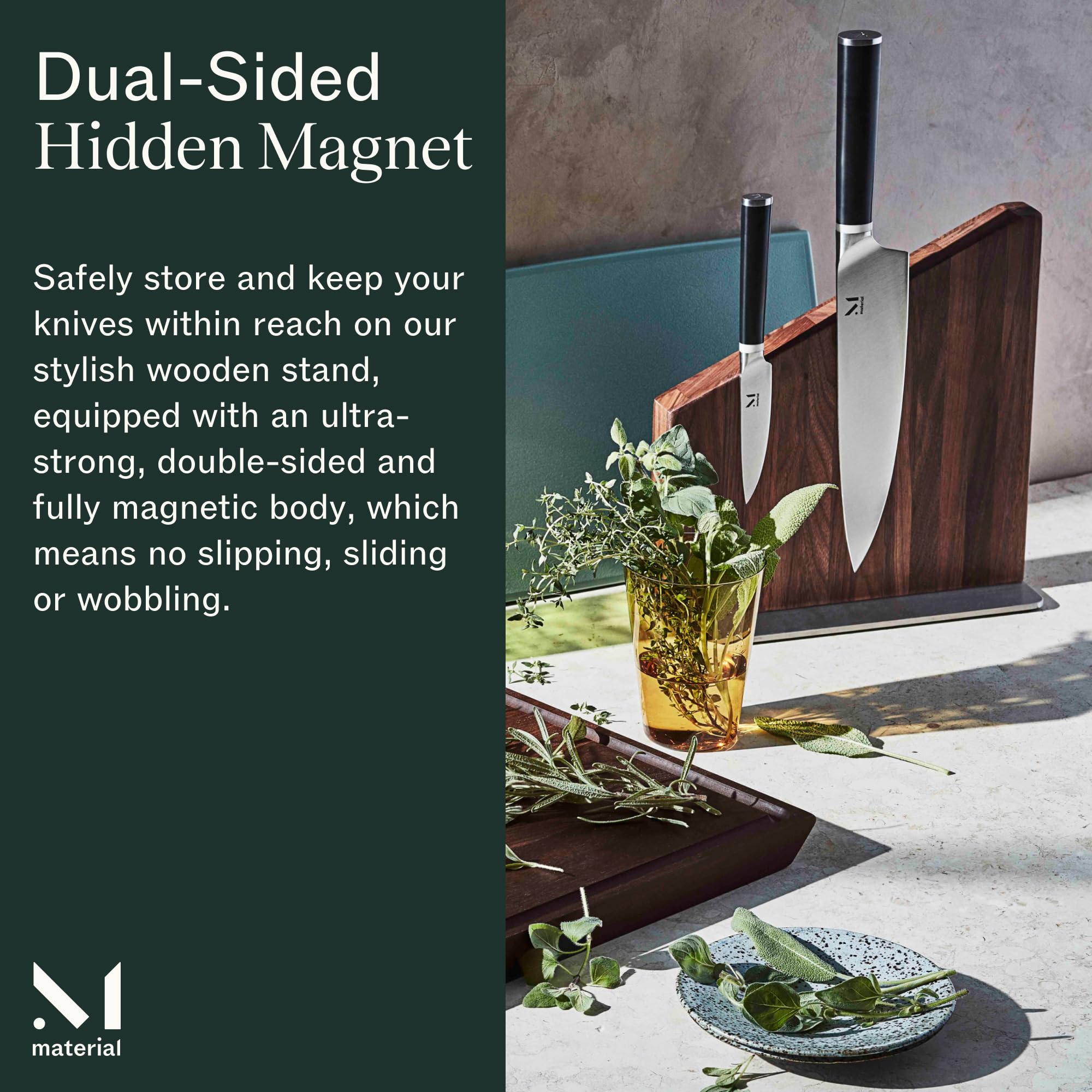 Material Knife Stand, Magnetic Wood Modern Knife Block for Safe Storage and Display of Knife Sets, Large Capacity for 10 knives, Walnut
