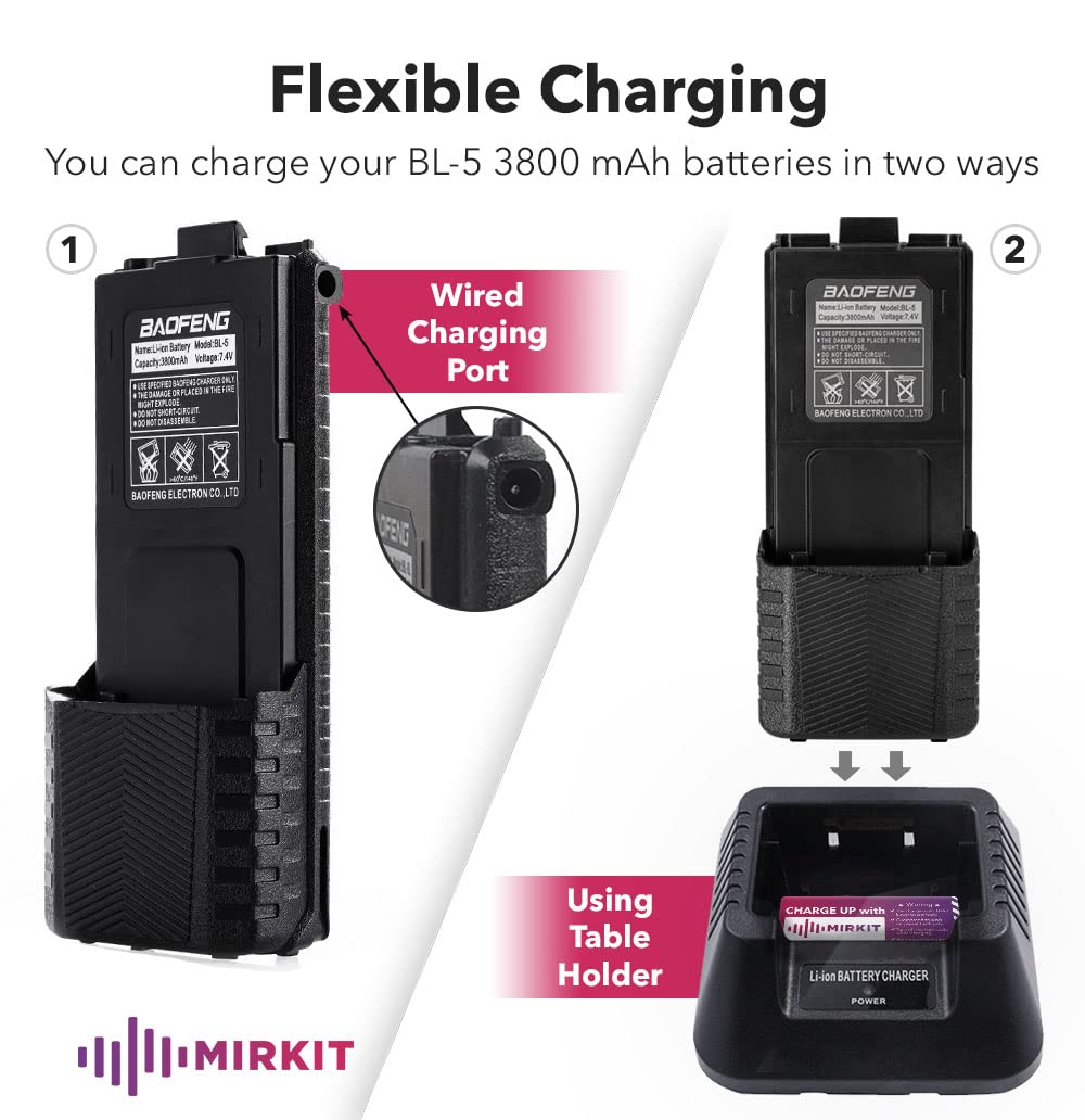 MIRKIT 2pc UV5R Battery BL-5 3800mAh & 2pc 2.5 mm USB Charger Cables with Lanyards Mirkit for Two Way Radio Compatible with Baofeng UV-5R BF-F8HP UV-5RX3 UV-5RTP UV-5X3