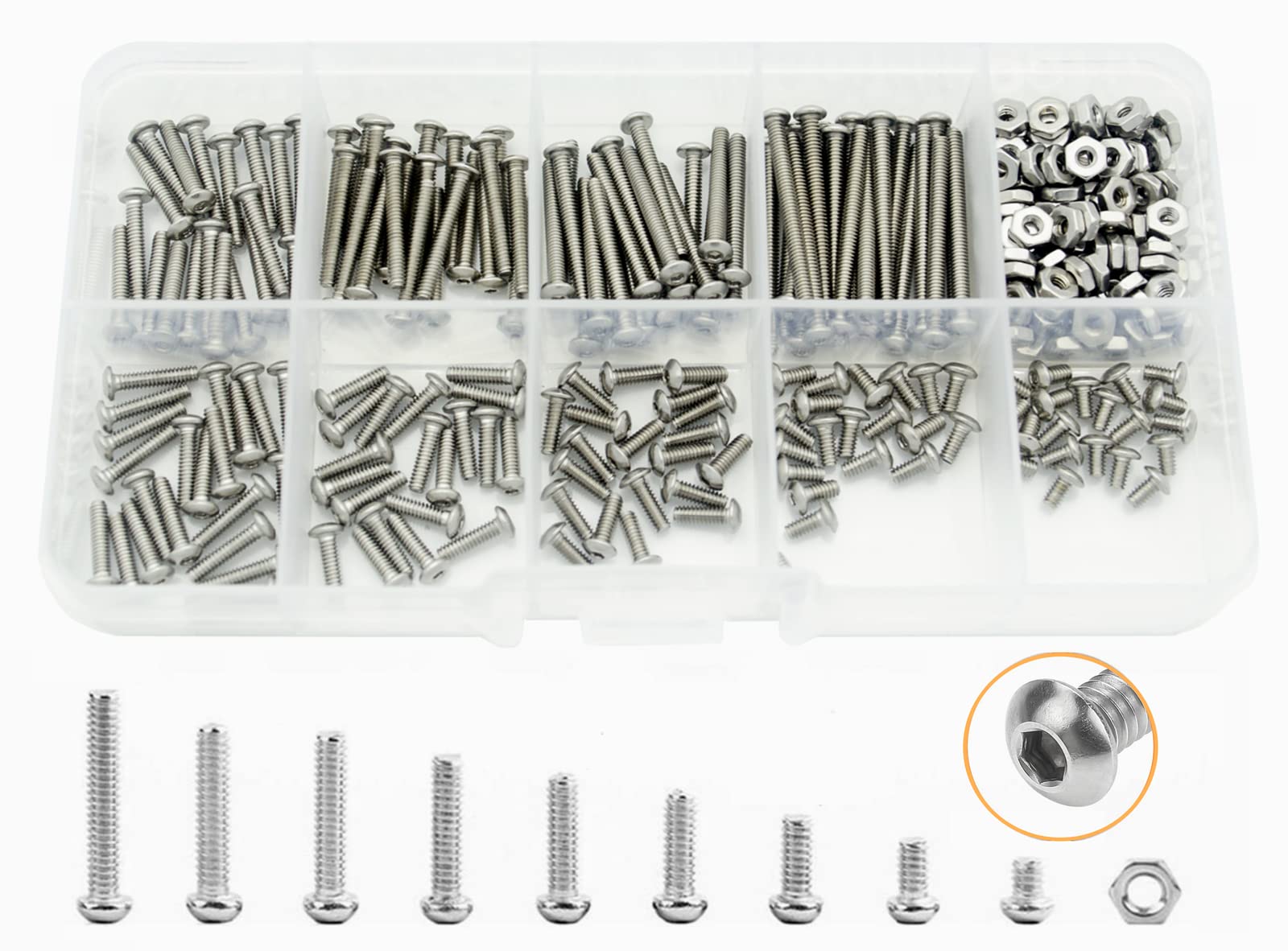 Elantek #2-56 UNC 304-Stainless Steel Button Head Hex Socket Cap Bolts Screws Nuts Assortment Kit