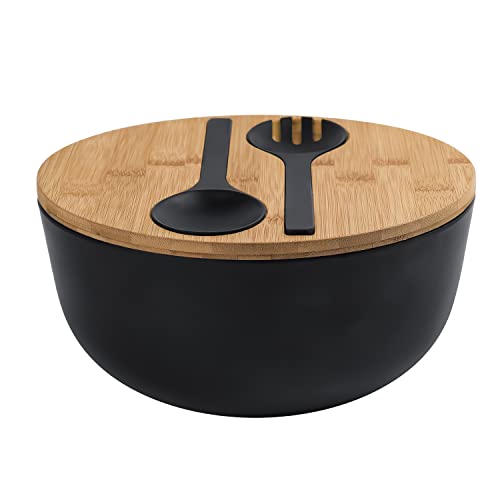 LOVYANXUE Bamboo Fiber Salad Bowl with Servers Set Large 9.8inches Nature Bamboo Mixing Bowl with Servers with Lid Spoon and Fork for Fruits ,Salads and Vegetables (Black, 10inch)