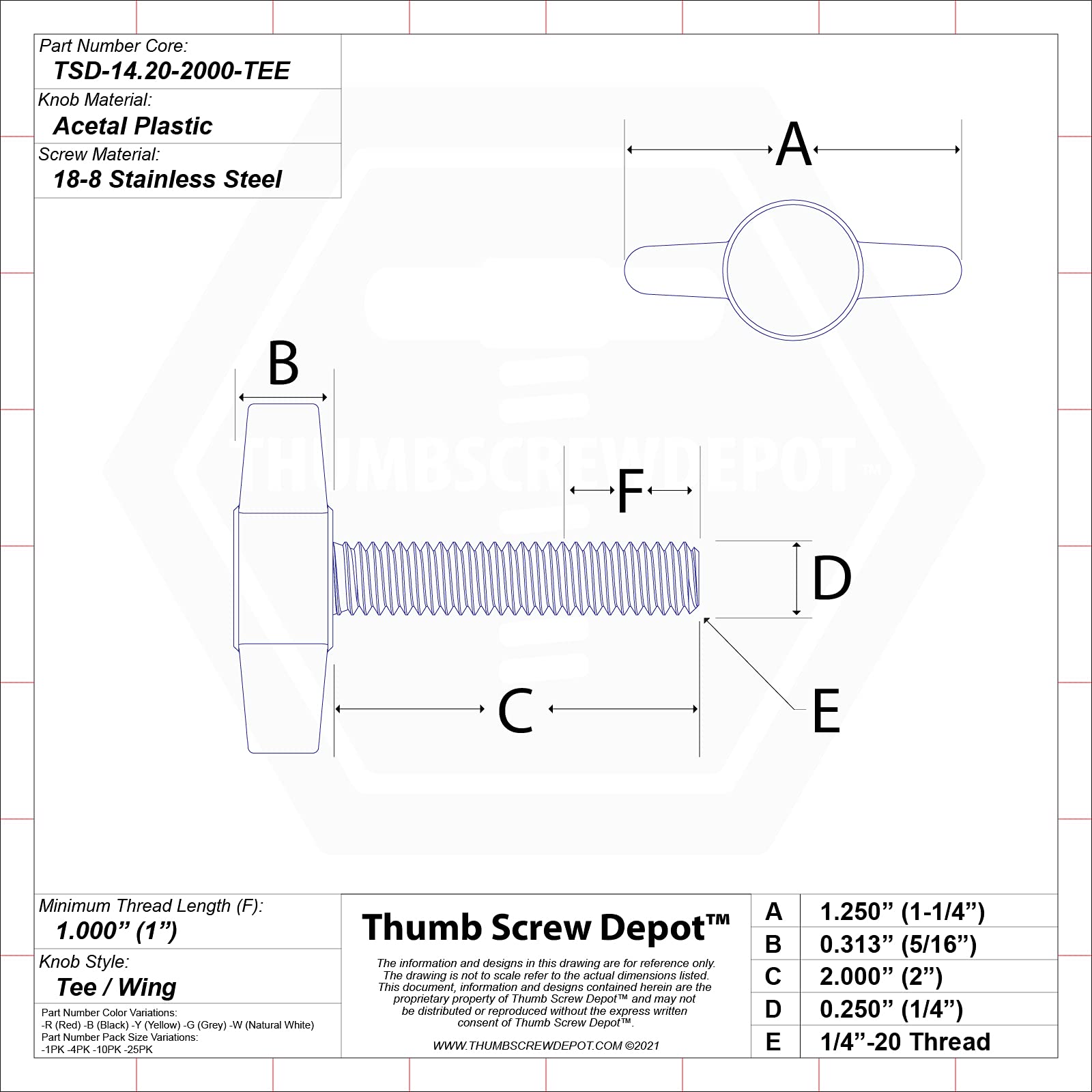 1/4"-20 x 2 Thumb Screw Stainless Steel - Red Tee Wing Plastic Knob - Standard/Coarse Thread Thumbscrew - Length: 2.000" - Proudly Built in USA - Package of (4)