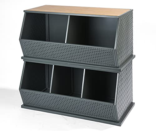 Badger Basket Metal and Bamboo Two Bin Stackable Charcoal/Natural Toy Storage Cubby