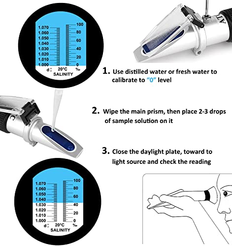 Hallocool Salinity Refractometer for Aquarium Seawater Marine Fishkeeping Saltwater Refractometer Dual Scale Specific Gravity Salinity Tester 0-100‰ & 1.000-1.070 Salinity Hydrometer with ATC