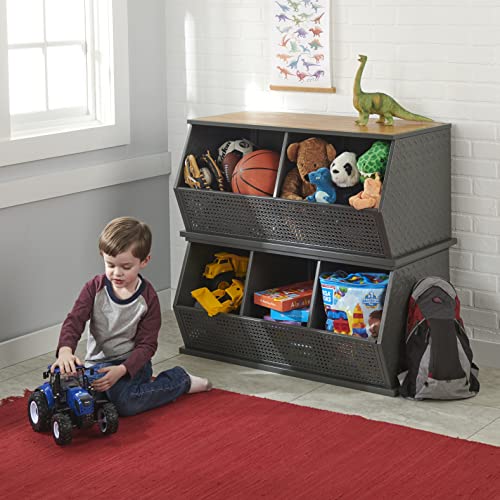 Badger Basket Metal and Bamboo Two Bin Stackable Charcoal/Natural Toy Storage Cubby
