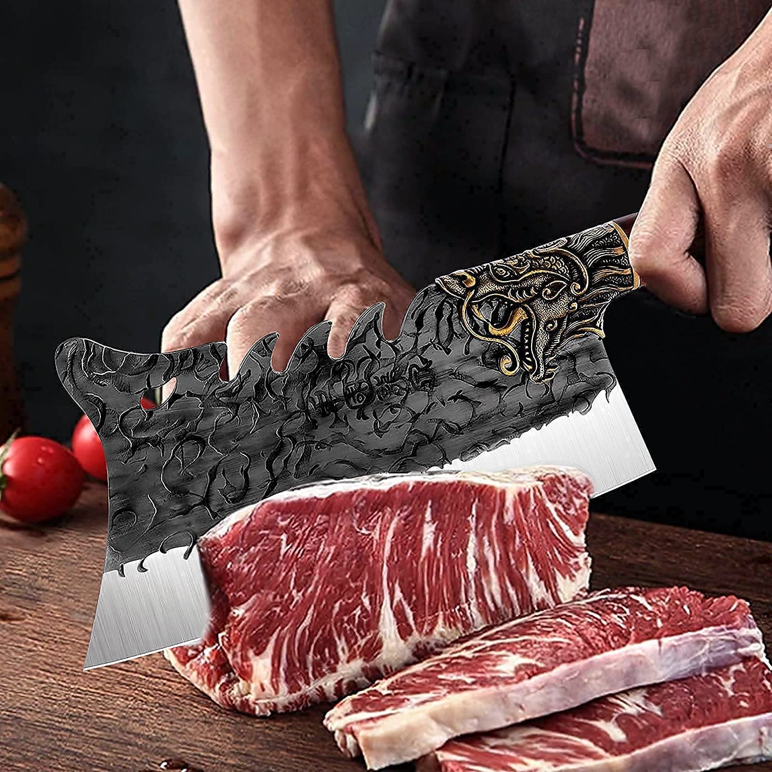 ROCOCO Meat Cleaver Bundle with Multifunctional Boning Butcher Knife Outdoor Viking Gift Men BBQ Camping Hunting Hiking