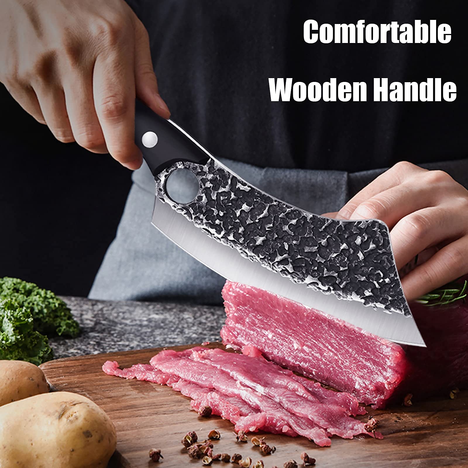 ROCOCO Meat Cleaver Bundle with Multifunctional Boning Butcher Knife Outdoor Viking Gift Men BBQ Camping Hunting Hiking