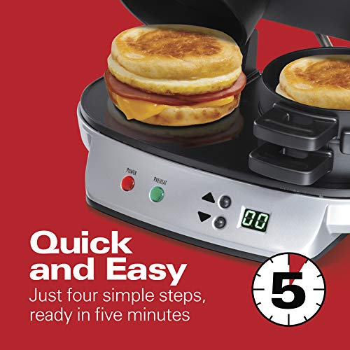 Hamilton Beach Panini Press, Sandwich Maker & Electric Indoor Grill, Upright Storage, Nonstick Easy Clean Grids, Stainless Steel (25410) & Dual Breakfast Sandwich Maker with Timer, Silver (25490A)