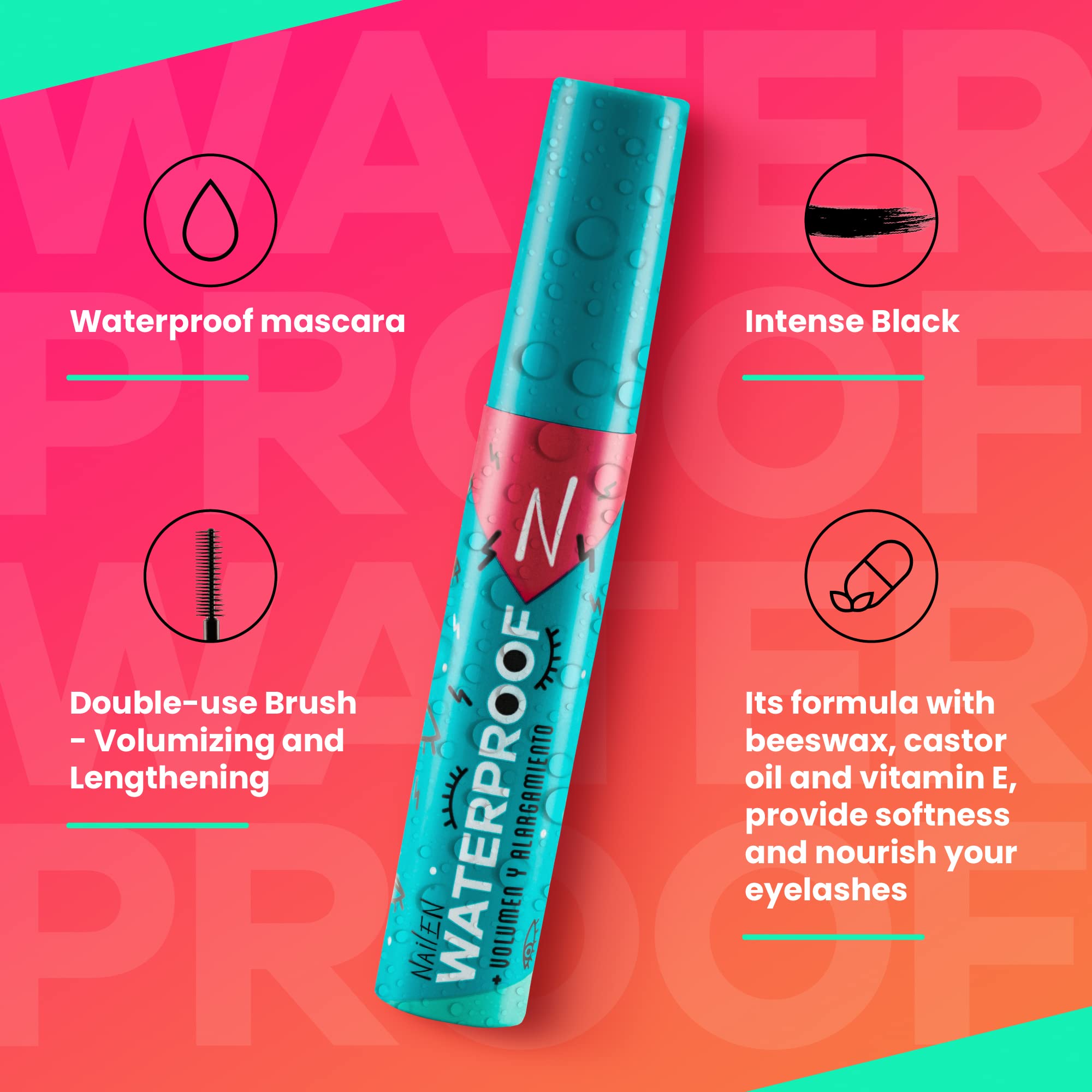 Nailen Black Waterproof Long Lash Mascara with Comb - No Clumps, Smudges, or Flakes - Voluminous and Long Eyelashes for Eye Makeup - 1 Count