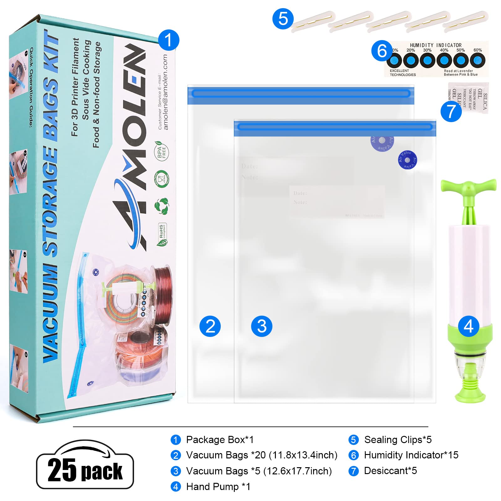 AMOLEN Filament Storage Bag Vacuum Kit with Two Sizes - 51 PCS Cleaning Drying Sealed 25 Bags for 3D Printer Filament with Desiccants/Humidity Indicator Cards/Clips/Hand Pump