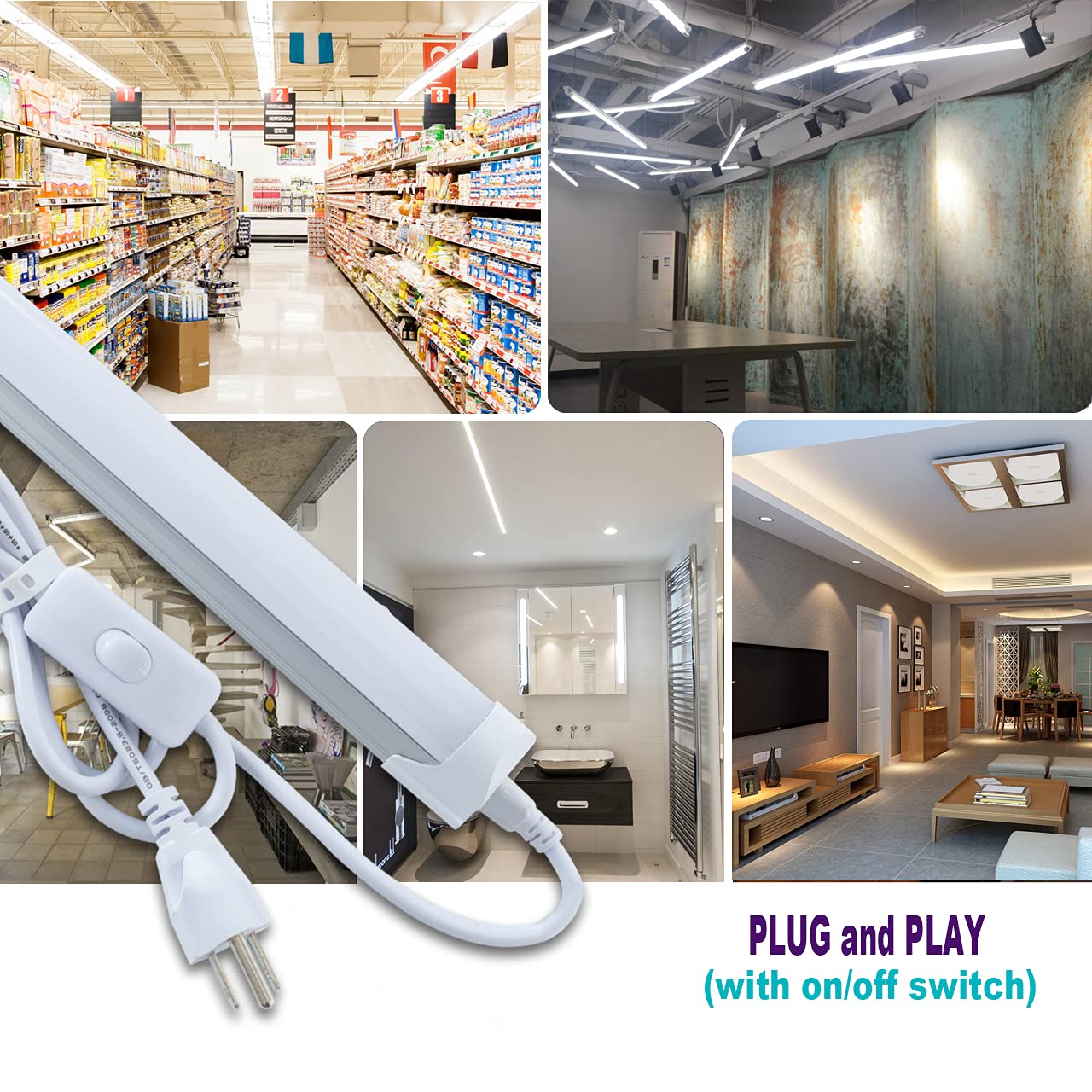 WAHADI 8-Pack T8 4FT LED Shop Light Fixture 24W 4 Foot Integrated TubeLight, Milky Cover 6000K Daylight Single Strip Indoor Connectable Lamp