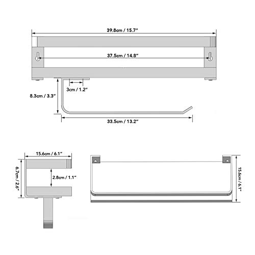 BESy Floating Shelves Wall Mounted Storage Shelves with Towel Rack Rails Bar, Paper Towel Holder with Shelf for Kitchen, Bathroom Tissue Roll Hanger, Matte Black Metal Frame, Set of 2 Brown