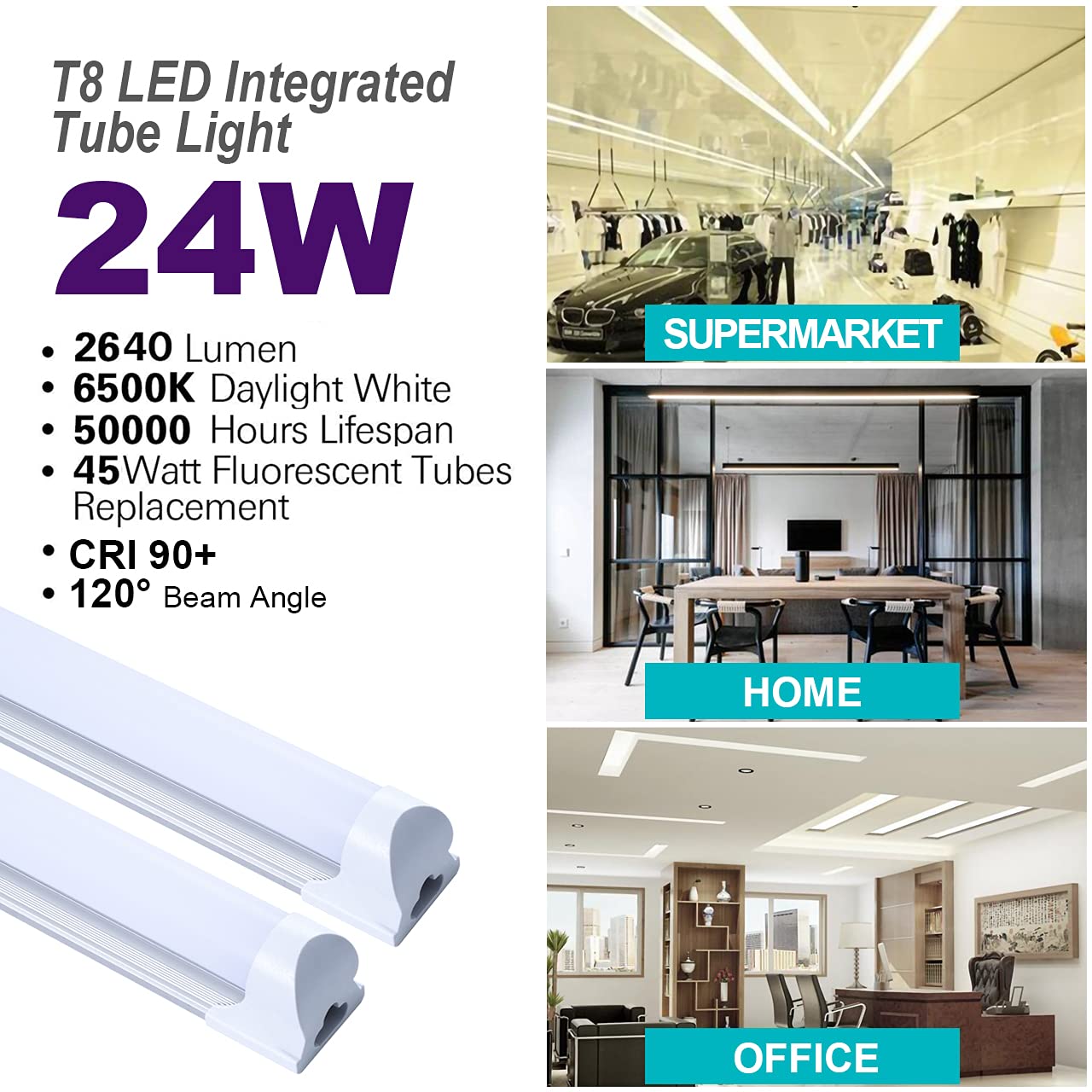 WAHADI 8-Pack T8 4FT LED Shop Light Fixture 24W 4 Foot Integrated TubeLight, Milky Cover 6000K Daylight Single Strip Indoor Connectable Lamp
