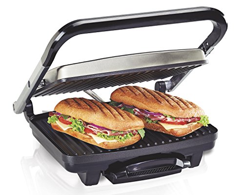Hamilton Beach Panini Press, Sandwich Maker & Electric Indoor Grill, Upright Storage, Nonstick Easy Clean Grids, Stainless Steel (25410) & Dual Breakfast Sandwich Maker with Timer, Silver (25490A)