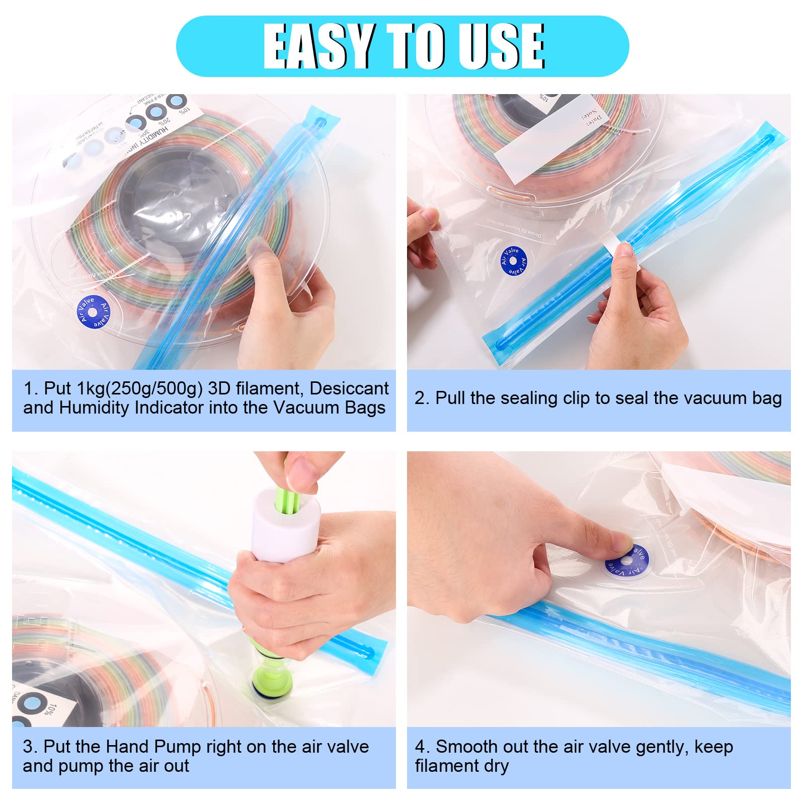 AMOLEN Filament Storage Bag Vacuum Kit with Two Sizes - 51 PCS Cleaning Drying Sealed 25 Bags for 3D Printer Filament with Desiccants/Humidity Indicator Cards/Clips/Hand Pump