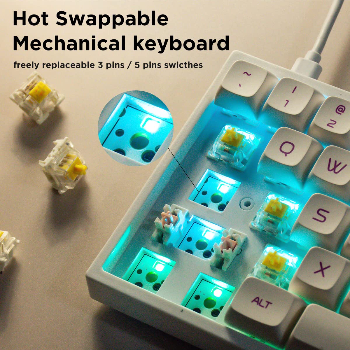 YUNZII KC68 Hot Swappable Mechanical Keyboard 68-Key Gaming Keyboard with NKRO, RGB Backlit for Mac/Win/Gamers (Gateron Black Switch, Lavender)