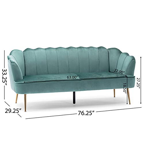 Christopher Knight Home Reitz Channel Stitch 3 Seater Shell Sofa - Velvet - Turquoise/Gold