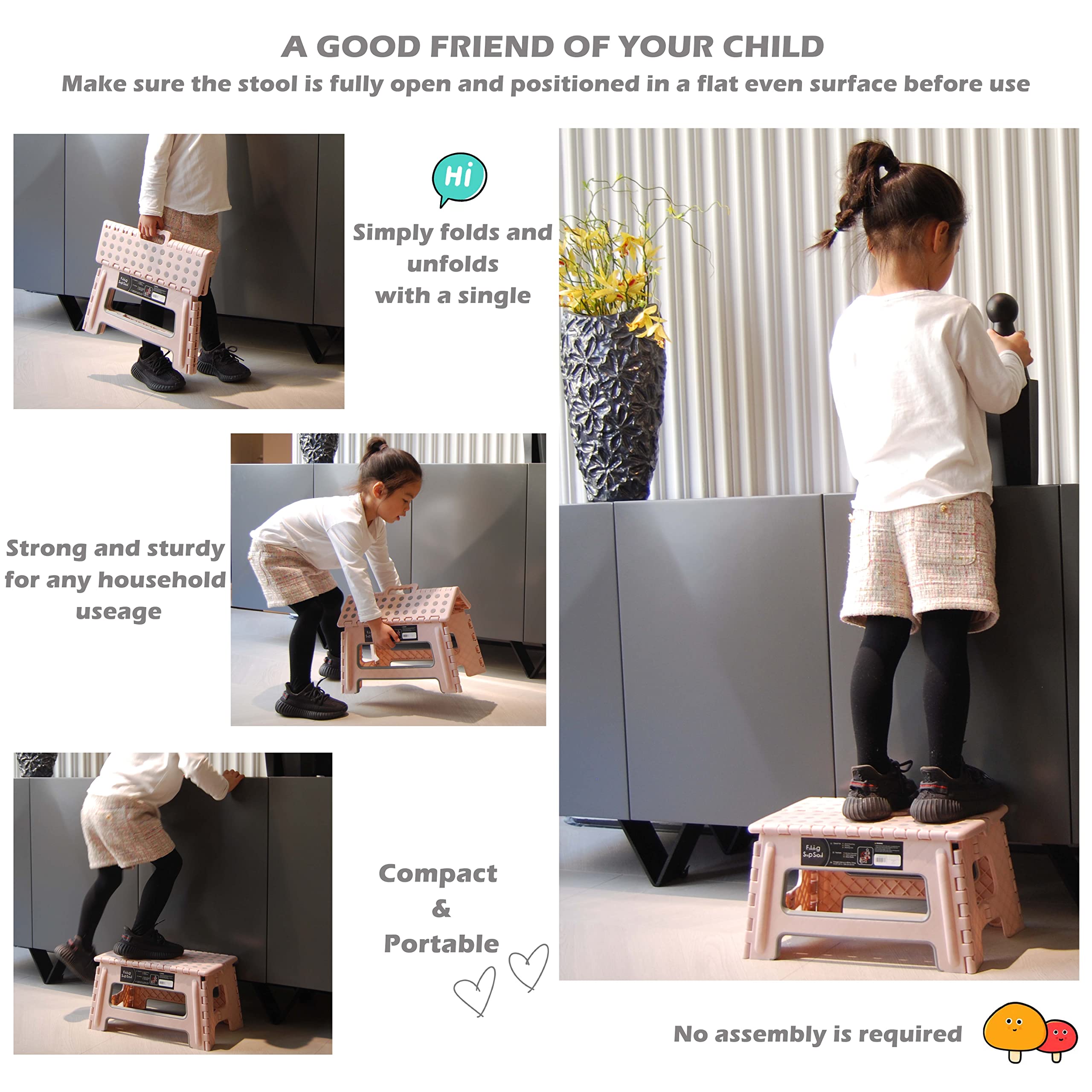 BEEANDEE Folding Step Stool - 9" Height - Holds up 300 Lbs Lightweight Foldable Stepping Stool is Sturdy Enough to Support Adults & Safe Enough for Kids. Skid Resistant and Open with one flip