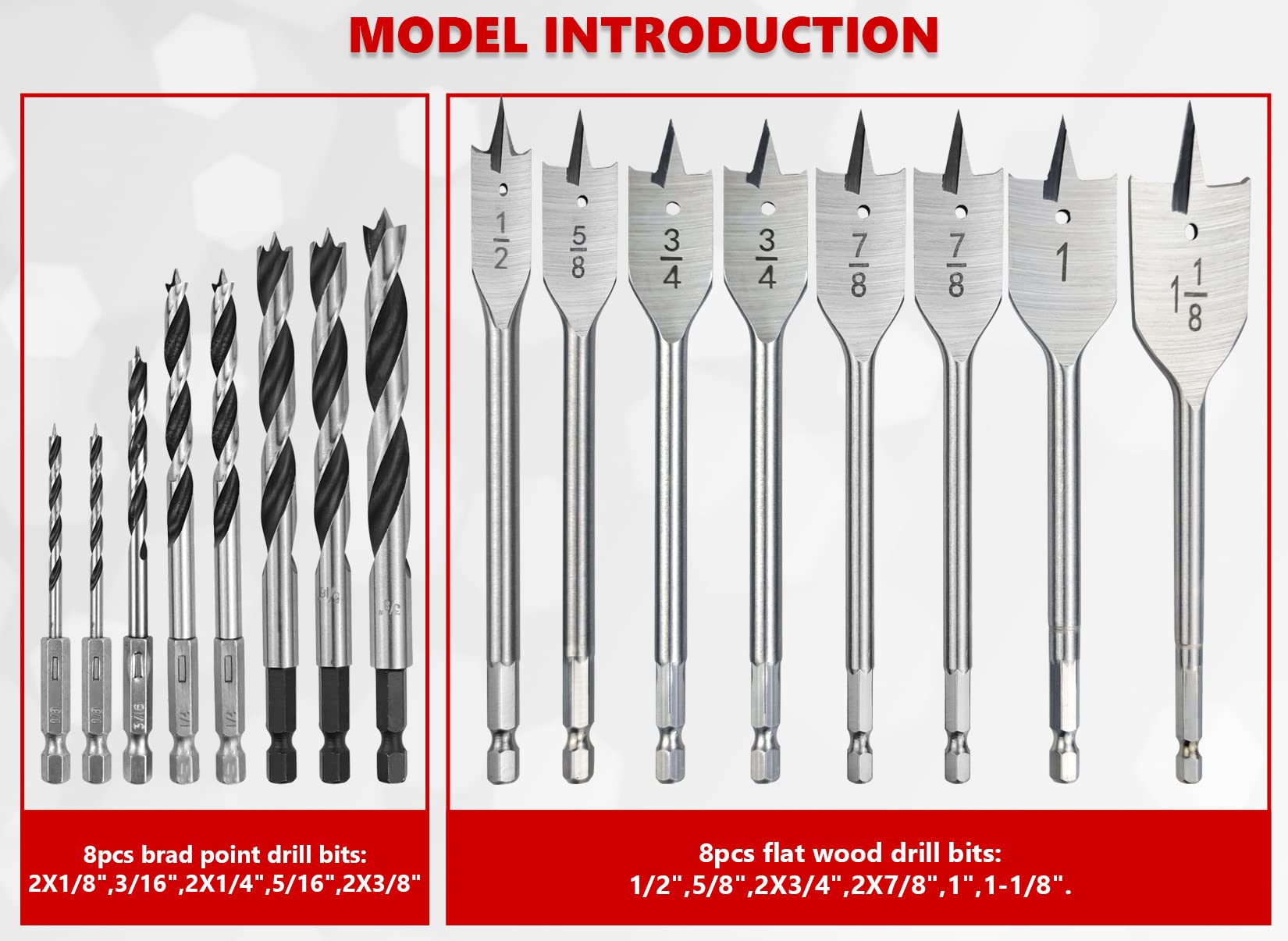 wesleydrill Wood Drill Bit Set,16 Pcs Impact Drill Bit Set,8 Pcs Hex shank Brad Point Drill bit 1/8"-3/8" and 8 Pcs Spade Drill bit 1/2"-1-1/8" Fit for Wood,Plastic