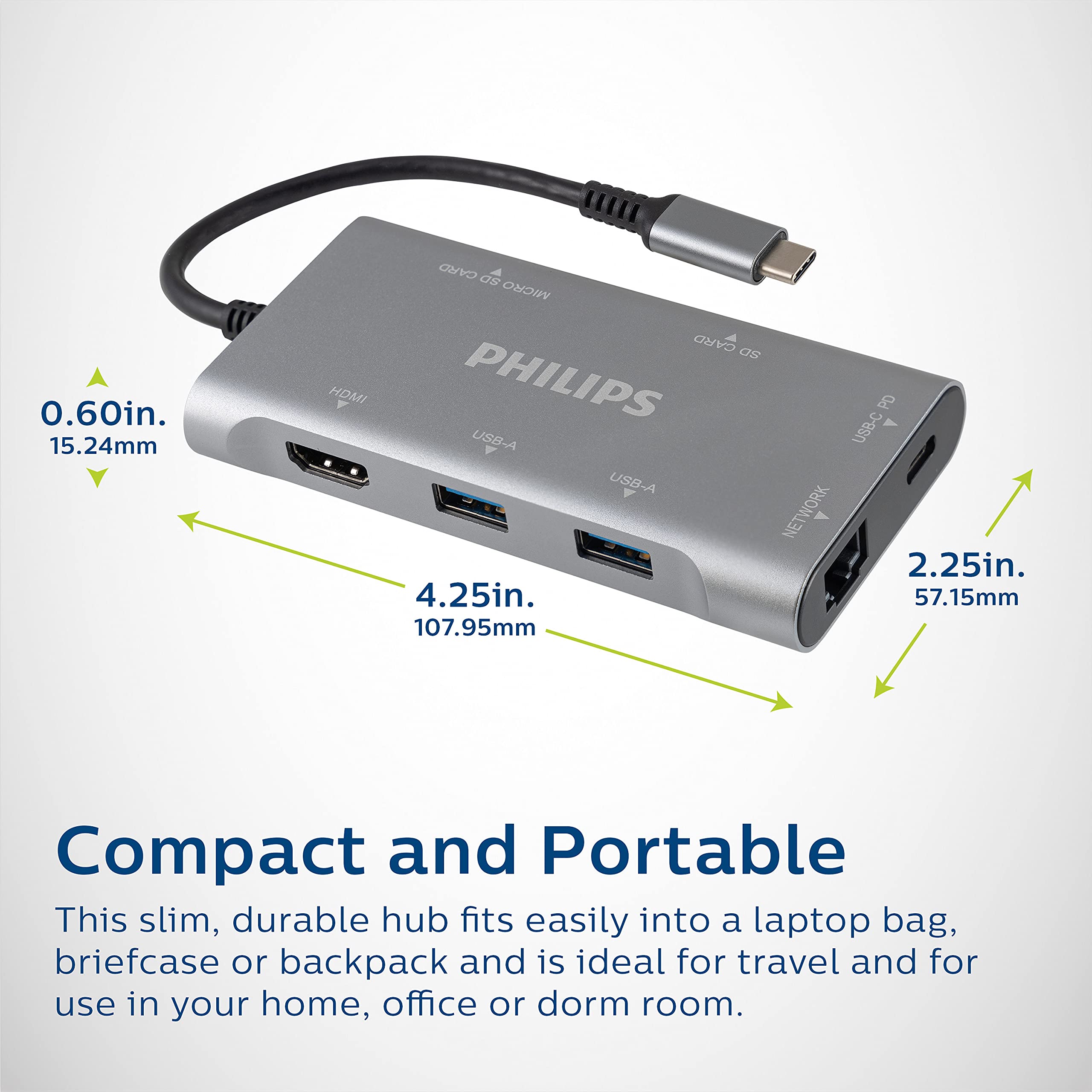 Philips USB C Hub with Power Pass-Through, 7-in-1 Multiport Adapter, 1 HDMI 4K@30Hz, 60W USB-C Power Delivery, 2 USB 3.0, 1 Ethernet, 1 SD 1 MicroSD Card Reader, DLK9120C/27