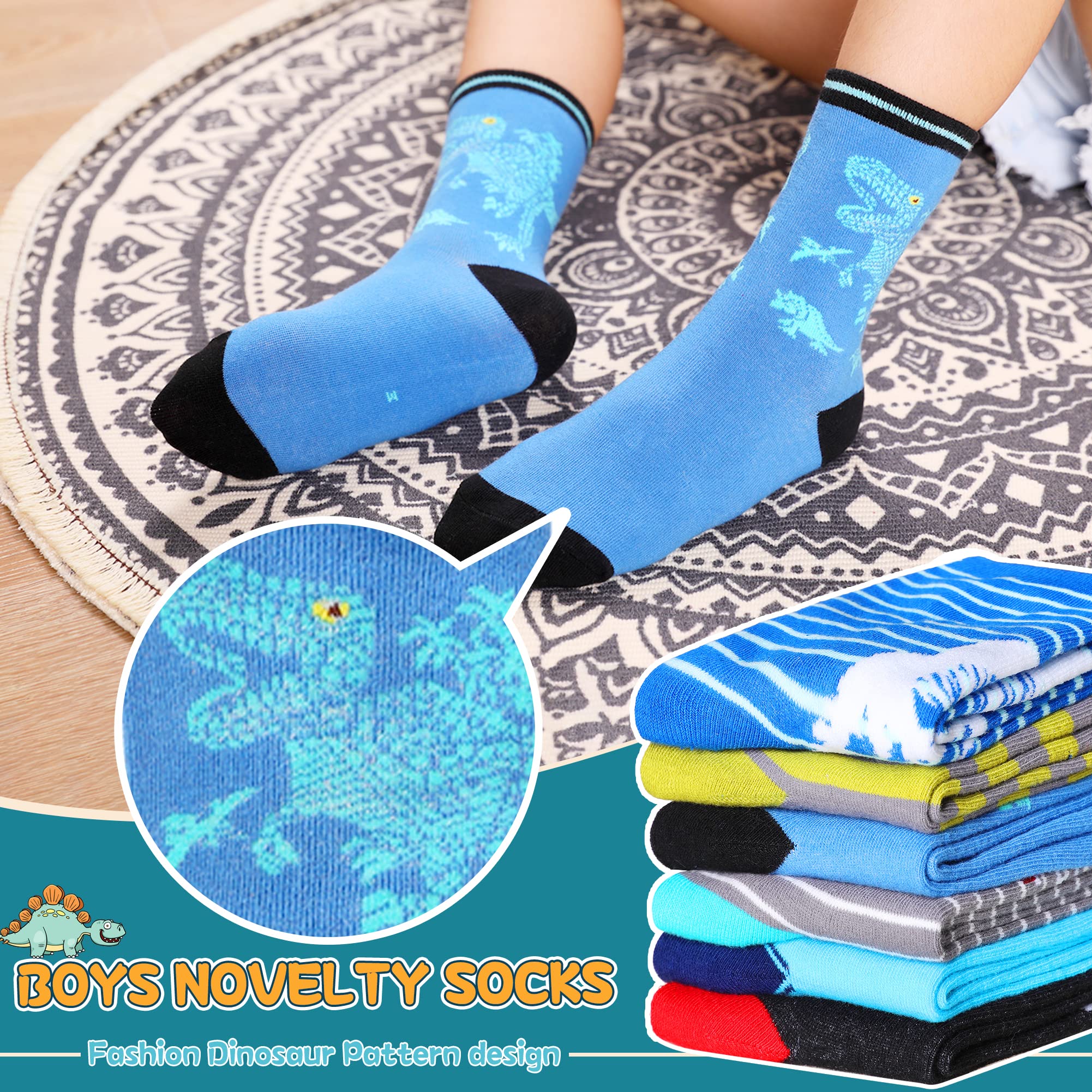 SeeyAN Boys Socks Kids Funny Cotton Novelty Crew Cartoon Space Dinosaur Crazy Socks 6 Pairs (6 Pairs Dinosaur, 6-8 Years)