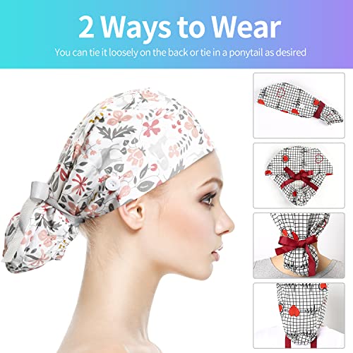6 pcs Adjustable Bouffant Scrub Turban Cap with Buttons for Nurse Long Hair Ponytail,Surgical Beanie Hat for Medical Working