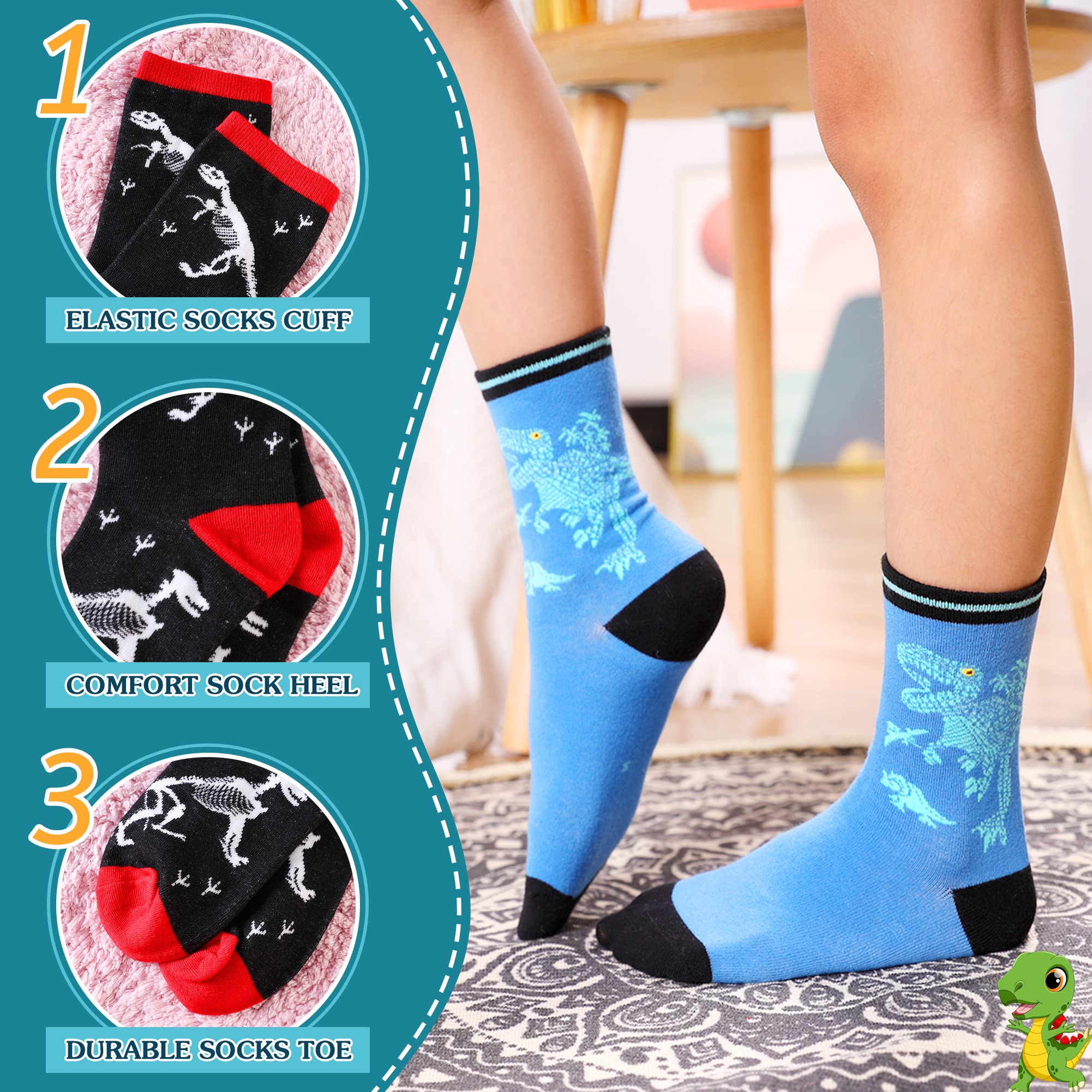 SeeyAN Boys Socks Kids Funny Cotton Novelty Crew Cartoon Space Dinosaur Crazy Socks 6 Pairs (6 Pairs Dinosaur, 6-8 Years)