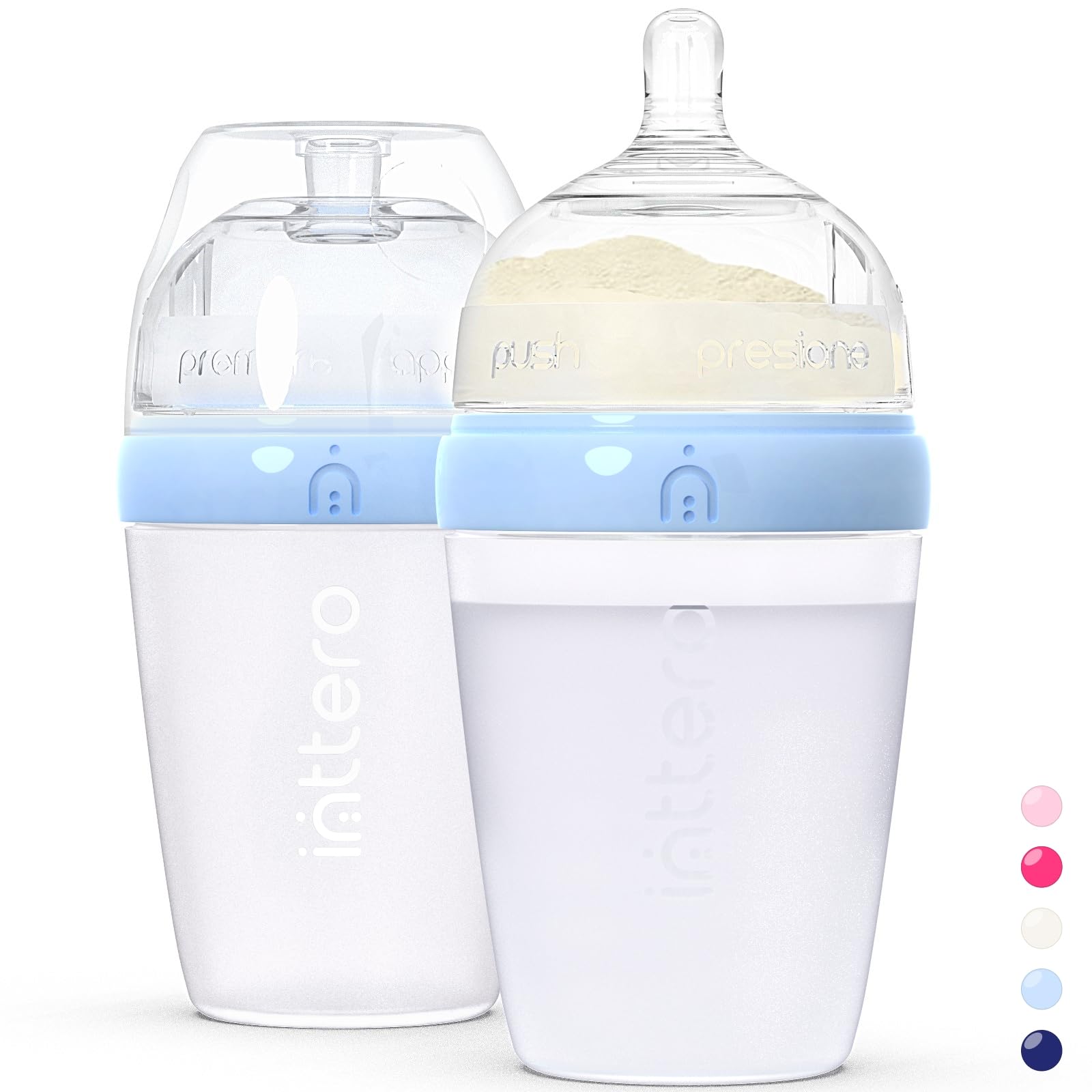 INTTERO 9oz Blue Formula Dispenser Anti-Colic Baby Bottles - 2 Pack/Medium Flow (Cute Blue) — Everyday Baby Essential — Formula Bottle — Biberones para Formula — PopYummy Mixie — Easy Baby Brezz