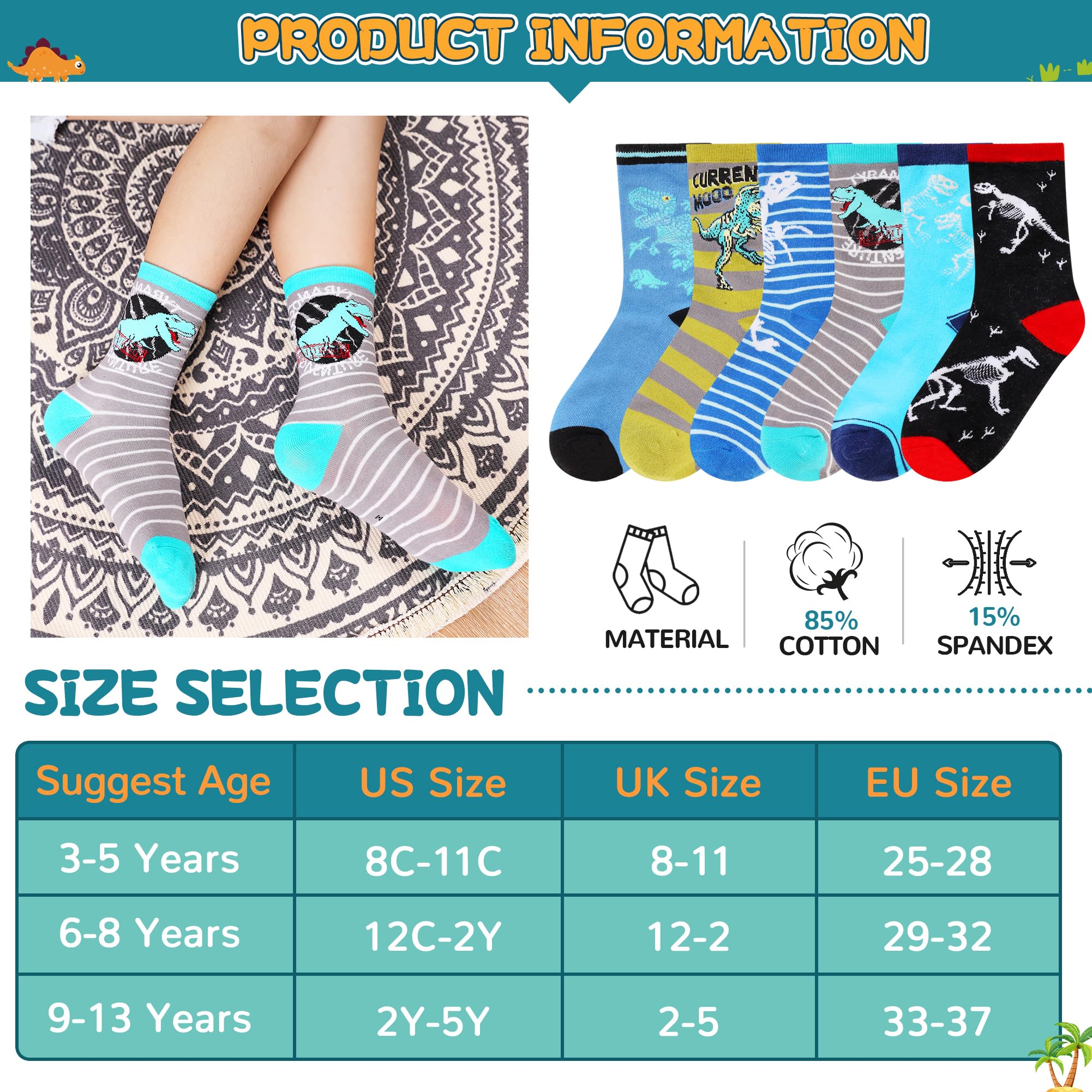 SeeyAN Boys Socks Kids Funny Cotton Novelty Crew Cartoon Space Dinosaur Crazy Socks 6 Pairs (6 Pairs Dinosaur, 6-8 Years)