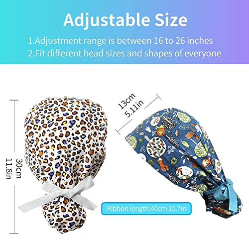 6 pcs Adjustable Bouffant Scrub Turban Cap with Buttons for Nurse Long Hair Ponytail,Surgical Beanie Hat for Medical Working