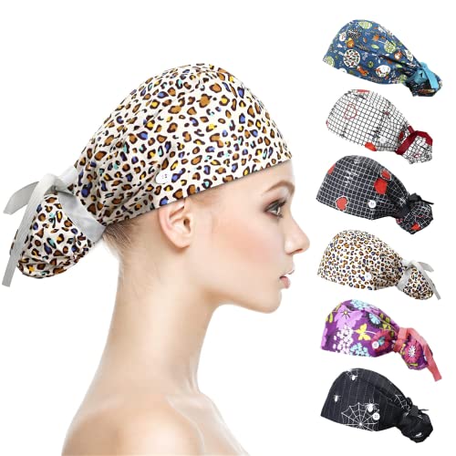 6 pcs Adjustable Bouffant Scrub Turban Cap with Buttons for Nurse Long Hair Ponytail,Surgical Beanie Hat for Medical Working