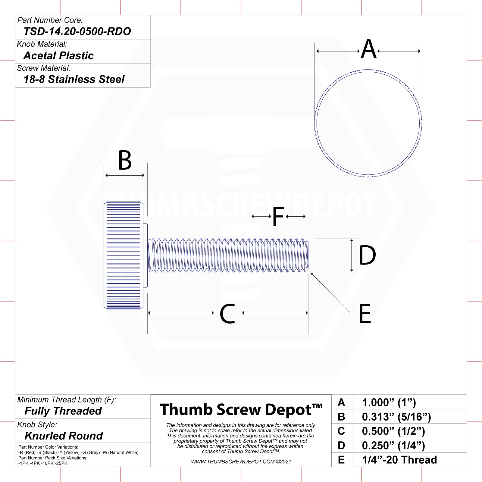 1/4"-20 x 1/2" Thumb Screw Stainless Steel - White Knurled Round Plastic Oversized Knob - Standard/Coarse Thread Thumbscrew - Length: 0.500" - Proudly Built in USA - Package of (4)