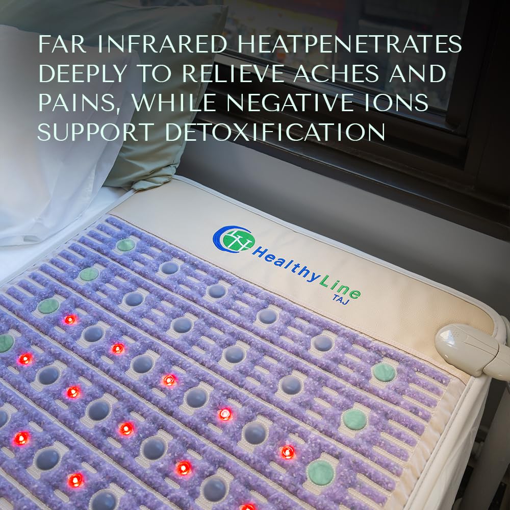 HealthyLine TAJ Far Infrared Heating Pad - Natural Crystal Gemstones Mat for Back Pain - Full Body Auto Shut Off - Rejuvenating Negative Ions and Photon Lights (1/2 Left)