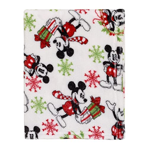 Disney Mickey Mouse White, Red, and Green Holiday Christmas Wreathes, Gifts, and Snowflakes Super Soft Baby Blanket
