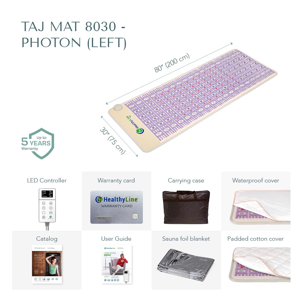 HealthyLine TAJ Far Infrared Heating Pad - Natural Crystal Gemstones Mat for Back Pain - Full Body Auto Shut Off - Rejuvenating Negative Ions and Photon Lights (1/2 Left)