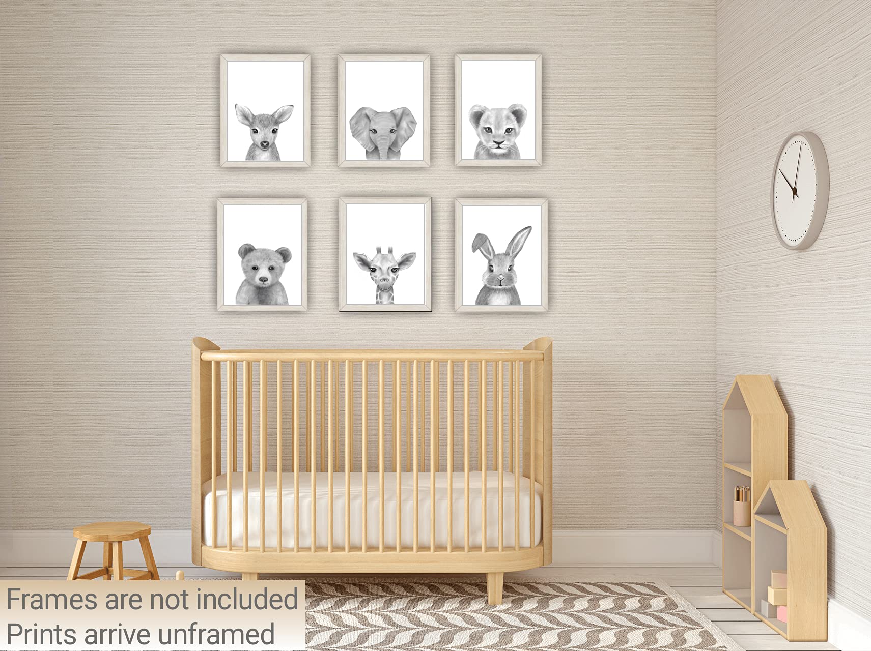 Baby Animal Nursery Prints |Set of 6| Neutral Woodland and Safari Artwork for Wall Decor (11in x 14in)