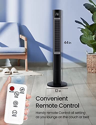 Selanto 36'' Tower Fan with Remote, Portable 80° Oscillating Fan Tower, Large LED Display, Touch Control, 12H Timer, 3 Speeds, 3 Modes, Quiet Bladeless Cooling Fan for Bedroom, Standing Floor Fans for Home Office (44'', Black)